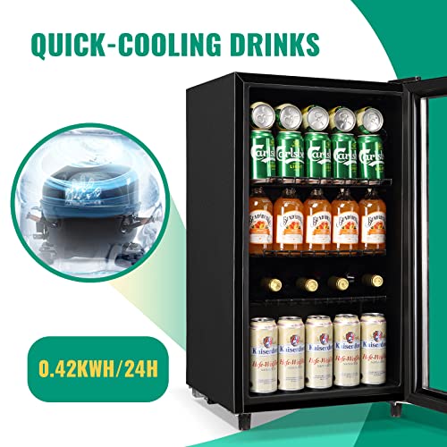 WANAI Beverage Refrigerator 125 Can Mini Fridge Cooler Black Mini Beer Fridge Glass Door for Wine Soda Juice Small Drink Cooler Machine Clear Front Removable for Home Office Bar Freestanding