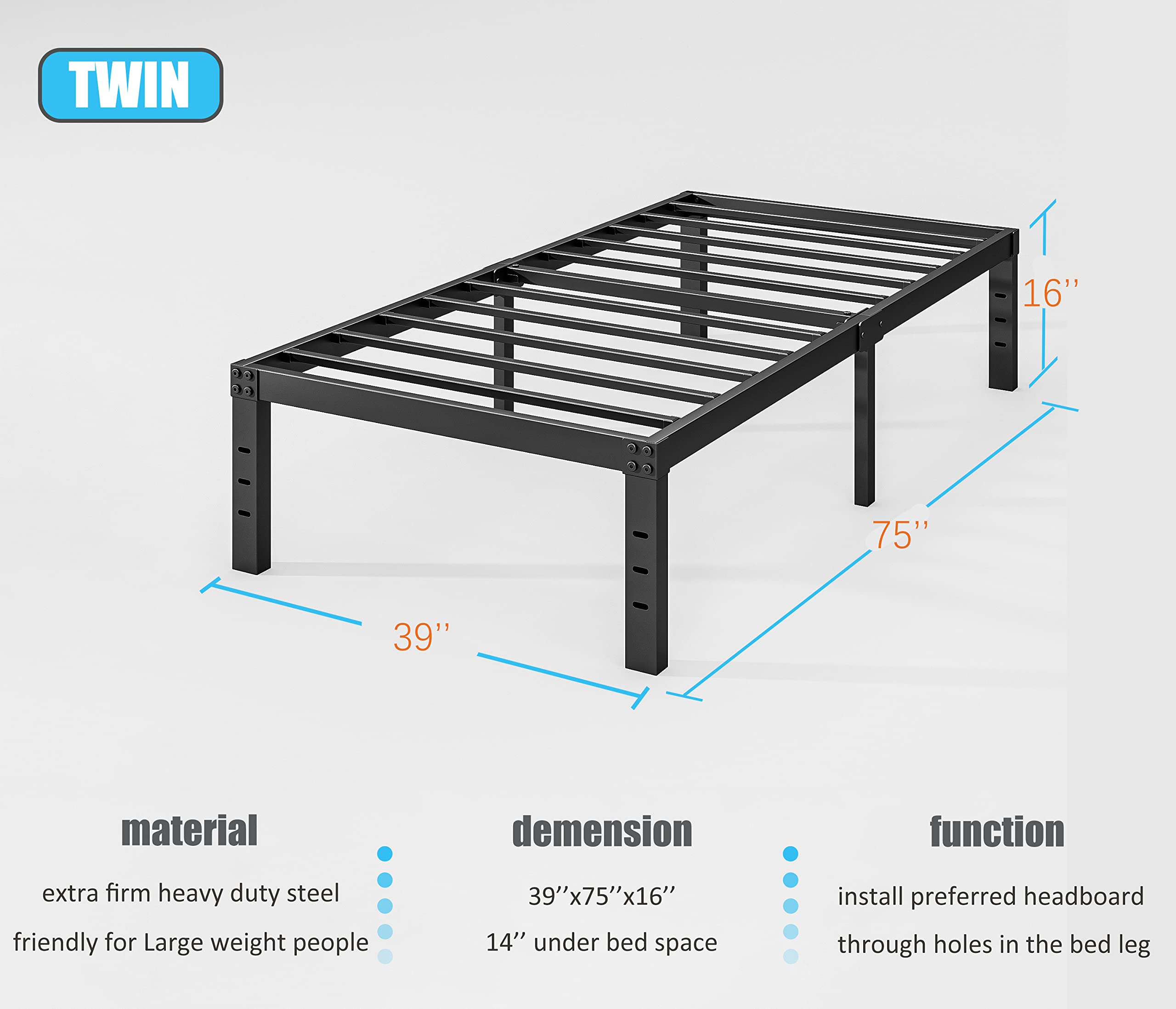 Cleaniago 16 Inch Twin Metal Platform Bed Frame,Heavy Duty Steel Single Bed Frame No Box Spring Needed for Adults Teens Kids,Noise Free, Easy Assembly, Black