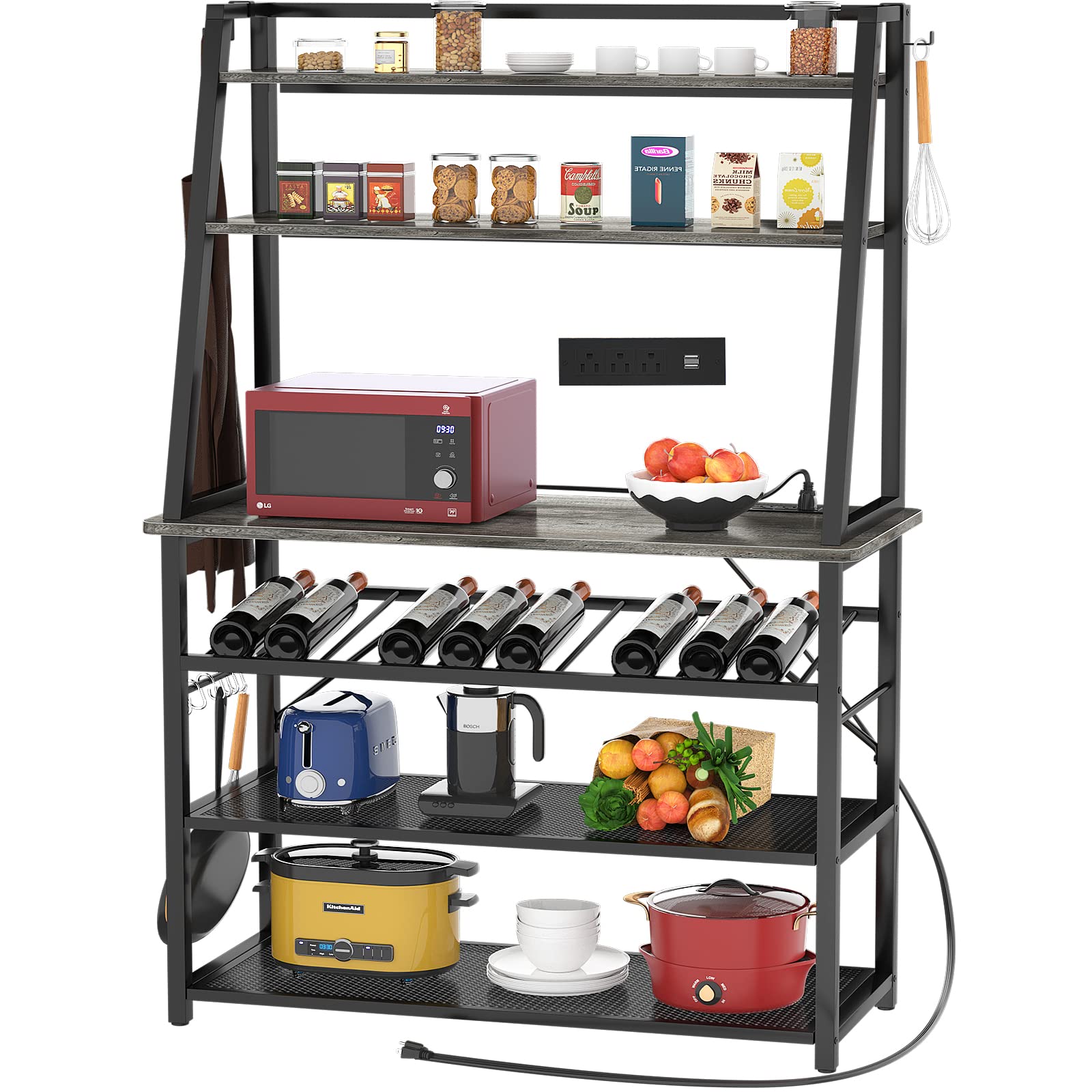 Cyclysio Bakers Rack with Power Outlet, 65.2 Inch Microwave Stands, 6 Tier Coffee Bar Station with Wine Rack, Lager Kitchen Baker Rack with Storage and 8 Hooks, Tall Kitchen Stand with Hutch, Grey