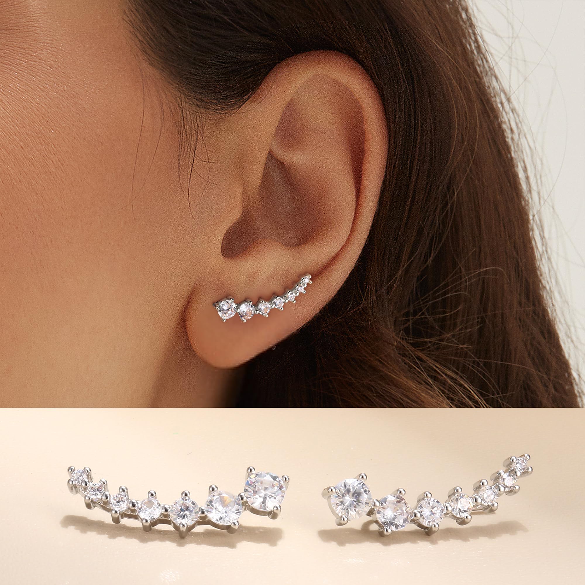 FINREZIO 6Pairs Ear Cuffs Climber Hoop Earring CZ Arrow Crawler Stud Earring Jacket for Women Silver