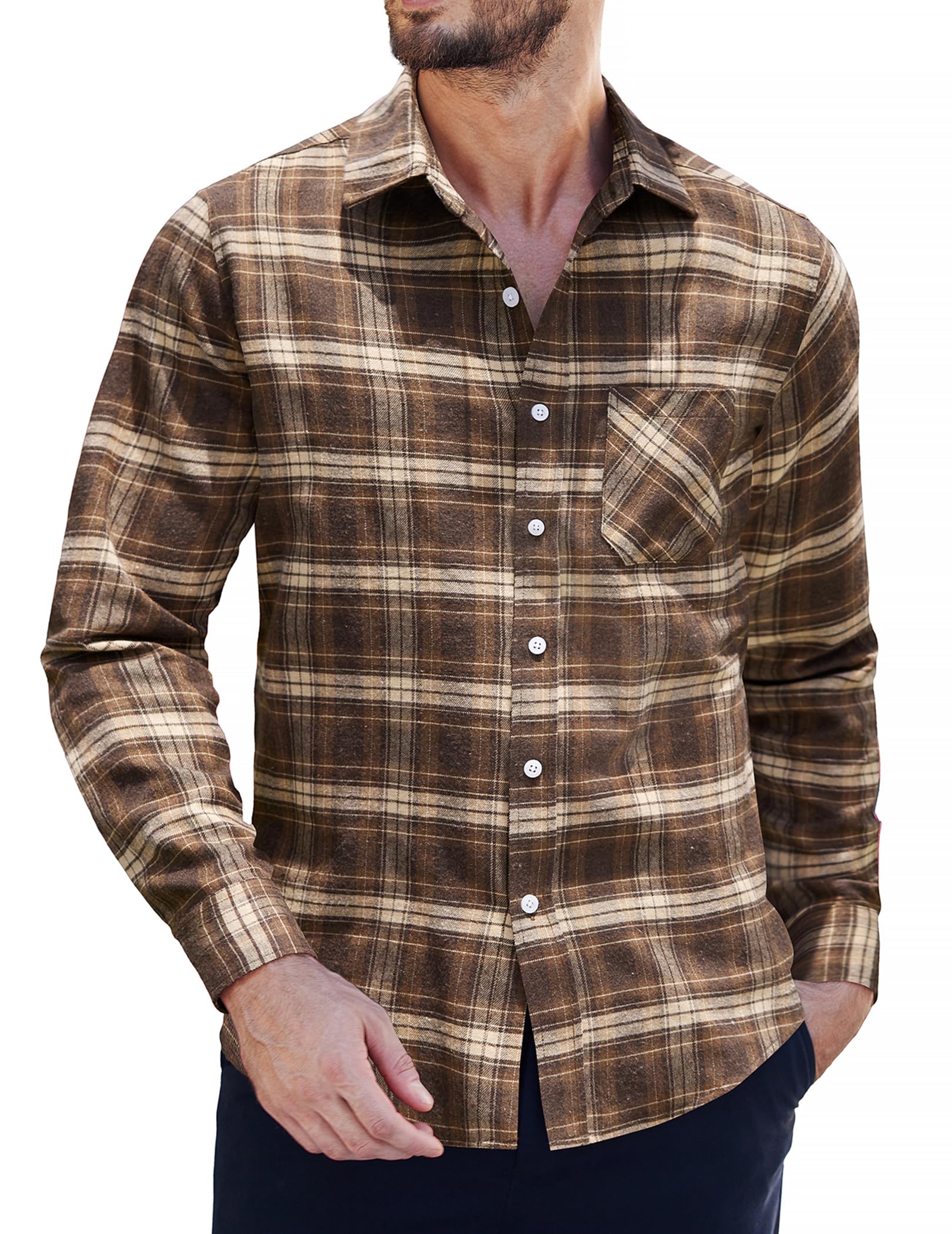 COOFANDY Mens Flannel Plaid Shirts Long Sleeve Casual Button Down Shirts Western Cowboy Shirts Brown