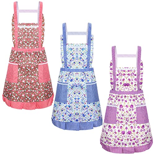 Zhanmai 3 Pieces Women Floral Aprons Kitchen with Pockets Soft Chef Aprons Girls Cooking Aprons for Cooking Gardening Size Small to Medium (Purple, Blue, Peach)