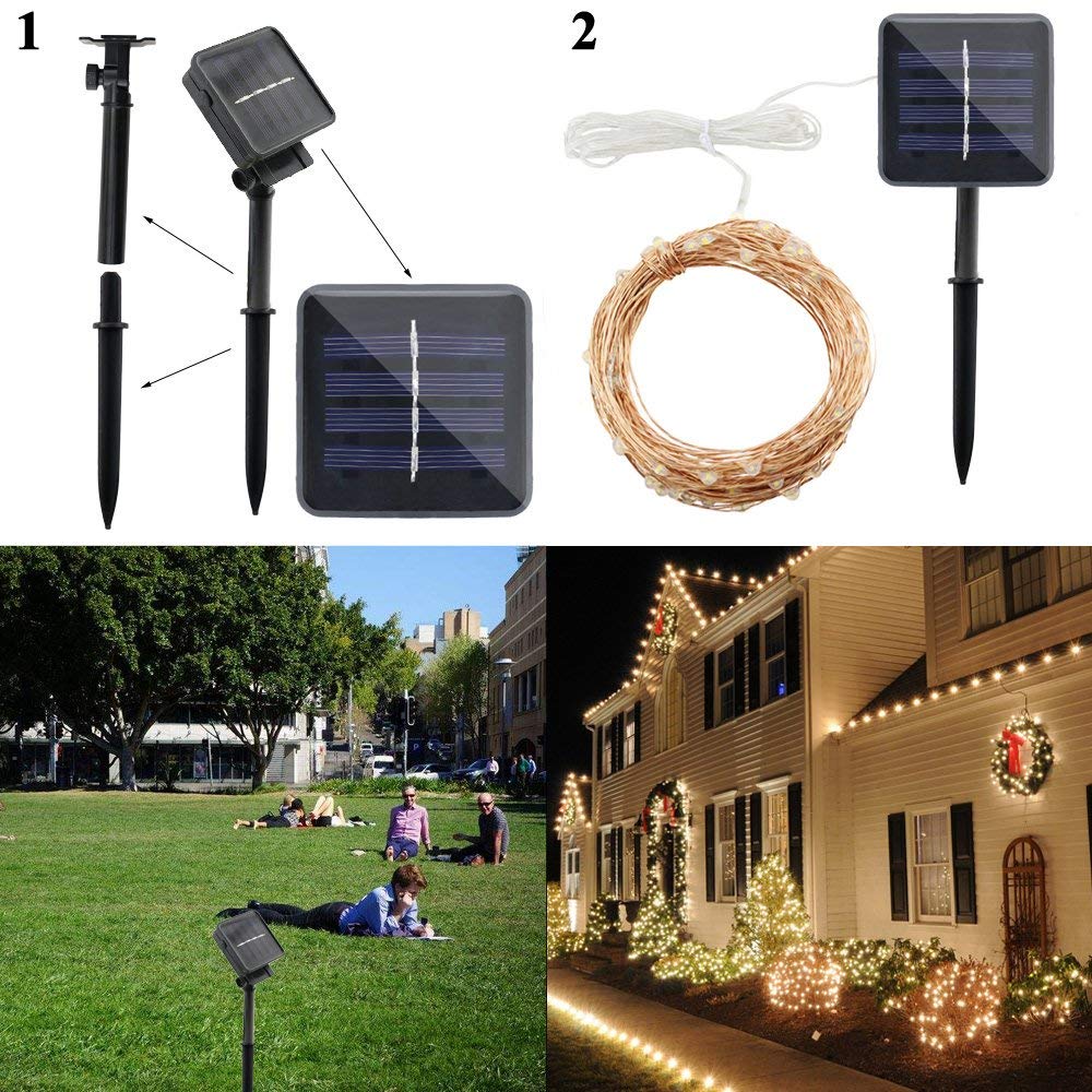 ErChen Solar Powered Copper Wire Led String Lights, 33FT 100 LEDs Waterproof 8 Modes Decorative Fairy Lights for Outdoor Christmas Garden Patio Yard (Warm White)