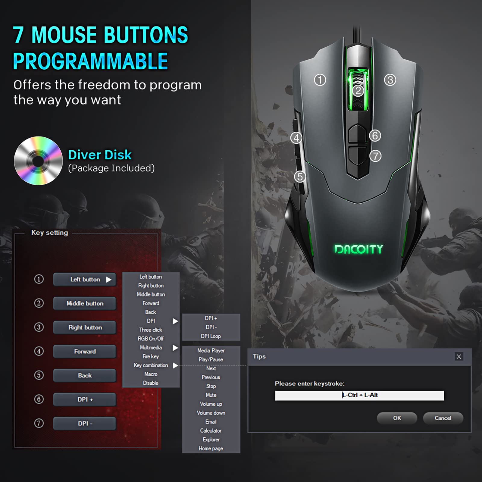 Dacoity Wired Gaming Mouse, PC Gaming Mice Gamer Mouse [RGB LED][7200 DPI][7 Programmable Buttons][Plug Play] USB Ergonomic Mouse for Windows Mac Laptop PC Gamers - Grey