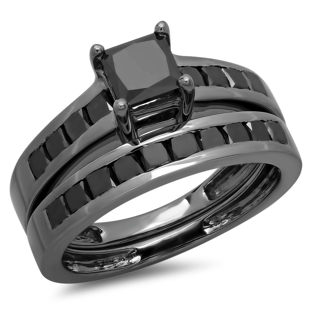 Dazzlingrock Collection 2.35 Carat (ctw) Black Rhodium Plated Sterling Silver Black Diamond Engagement Ring Set, Size 6