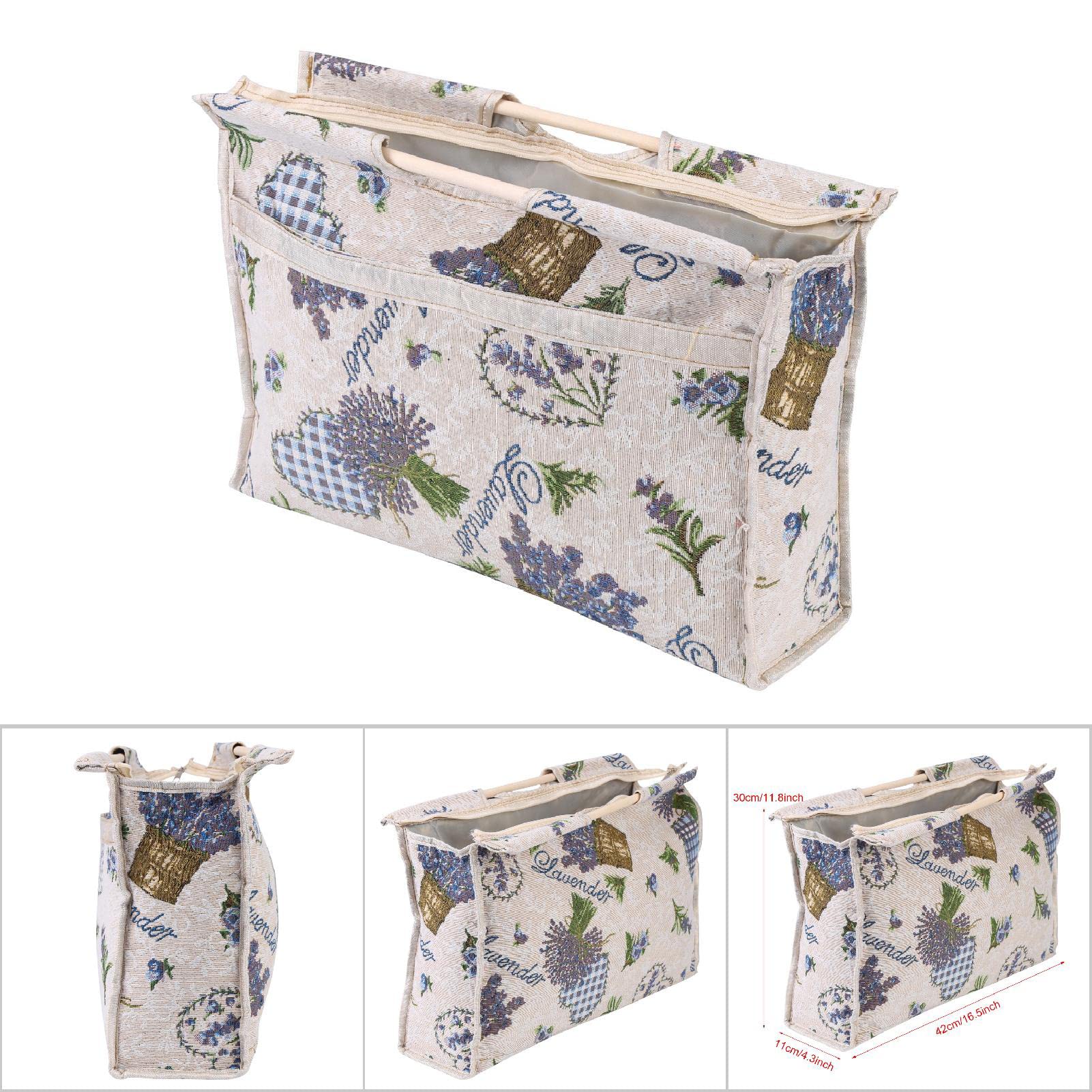 Knitting Bag, Woven Fabric Yarn Tote Project Organizer Portable Storage Bag with Wood Handle for Knitting Needles, Yarn and Crochet Supplies (Flower)