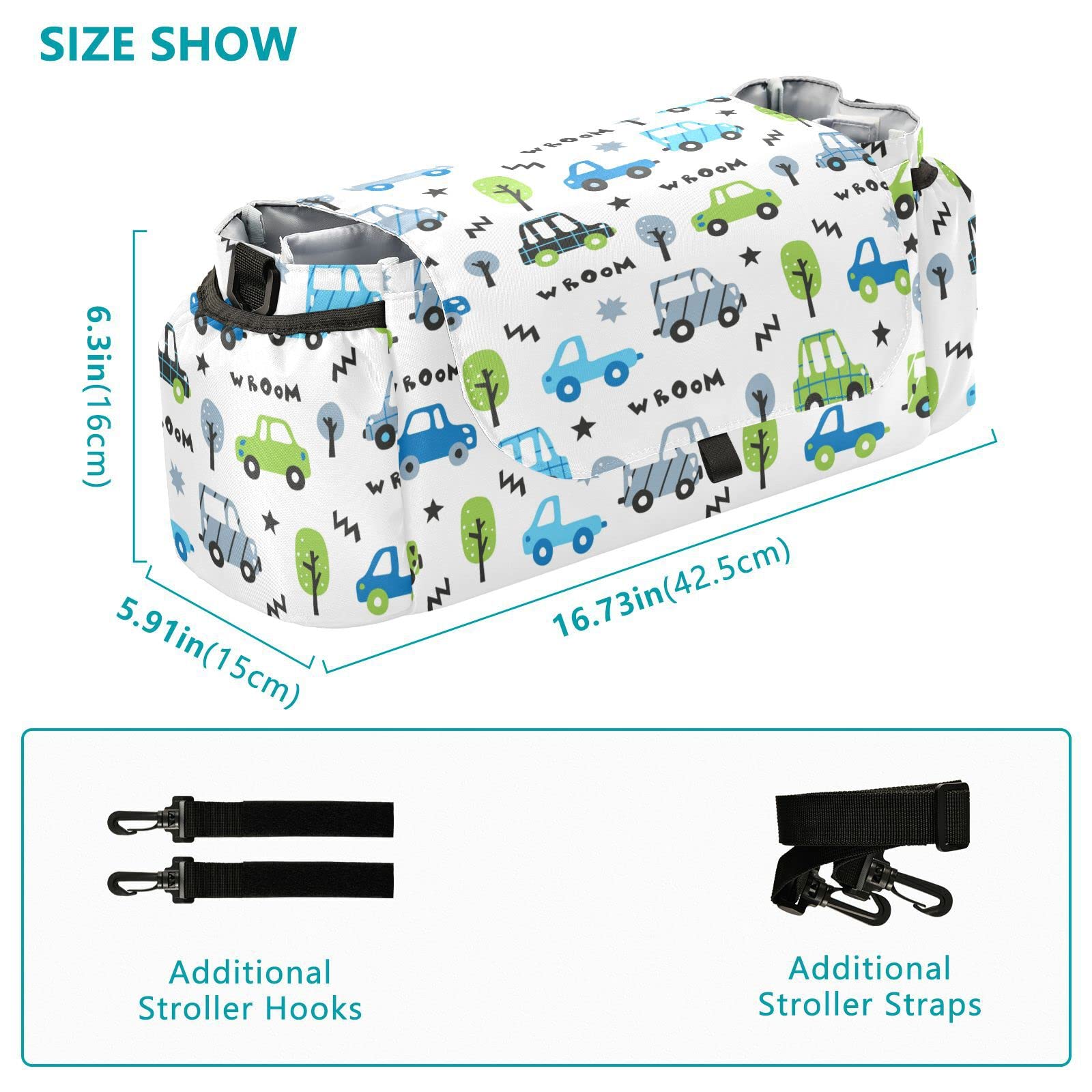 Kigai Cartoon Cars Baby Stroller Organizer with Cup Holders, Secure Hooks Accessories Adjustable Strap Stroller Bag for Bottle, Diaper, Phone, Toys, Baby Items