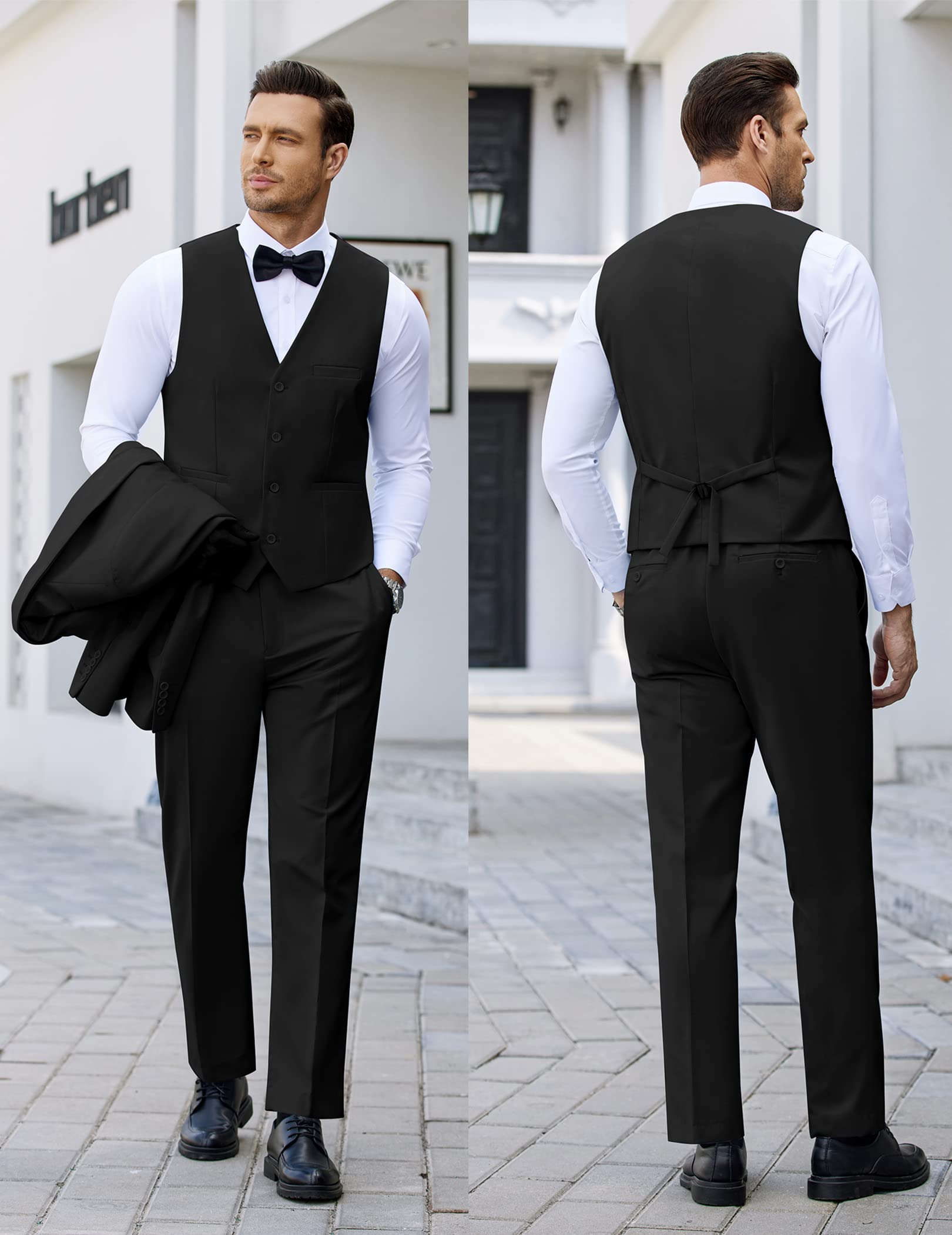 COOFANDY Mens Slim Fit 3 Piece One Button Business Wedding Prom Suits Blazer Tux Vest & Trousers Black X-Large
