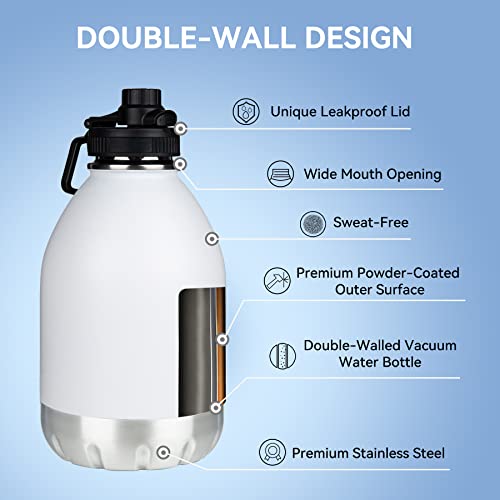 Kerilyn 87oz Vacuum Insulated Jug, 2/3 Gallon Stainless Steel Water Bottle with Straw, 2 Lids, Leak-Proof and Sweat-Proof, Double Walled, Keeps Drinks Hot&Cold for Hours, Great for Travel, White