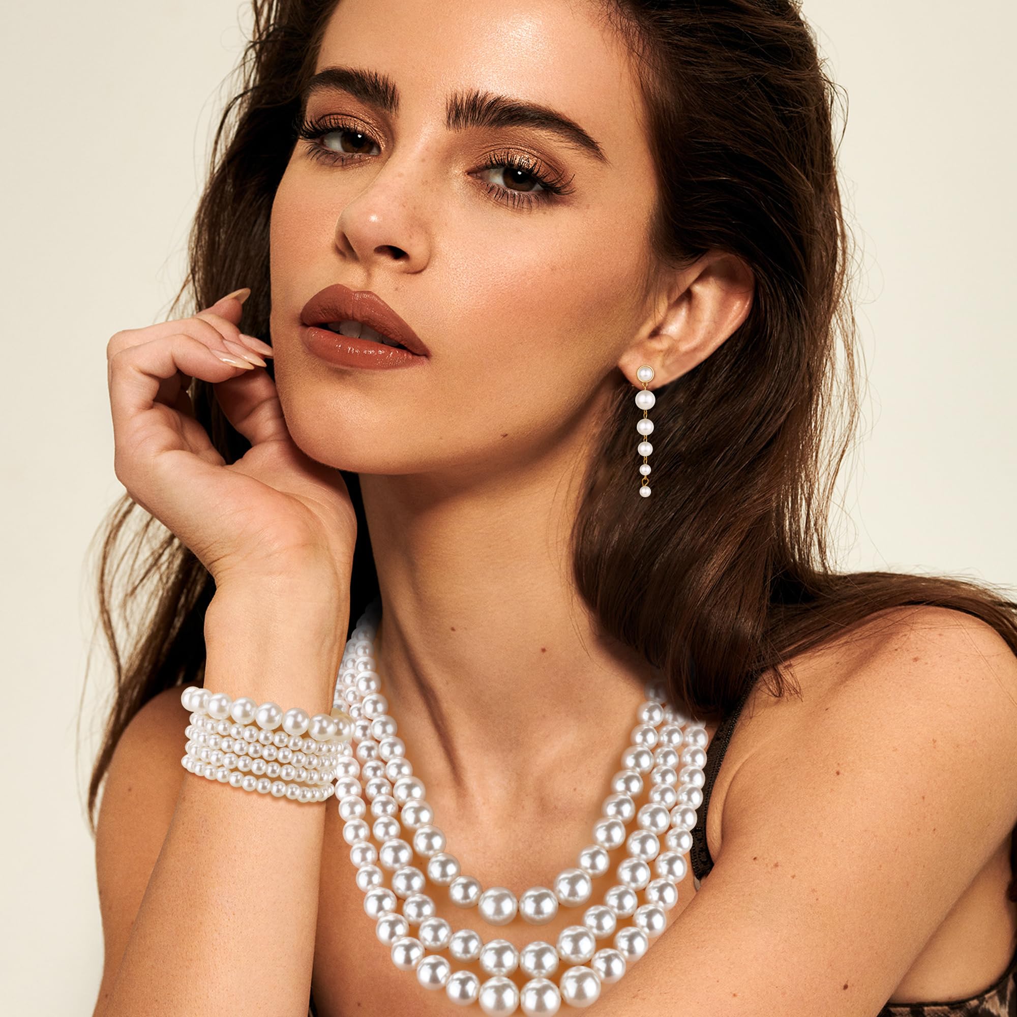 FINREZIO Women's Faux Three Multi-Strand Pearl Necklace Long Pearl Dangle Earrings and Bracelet Jewelry Set for Women