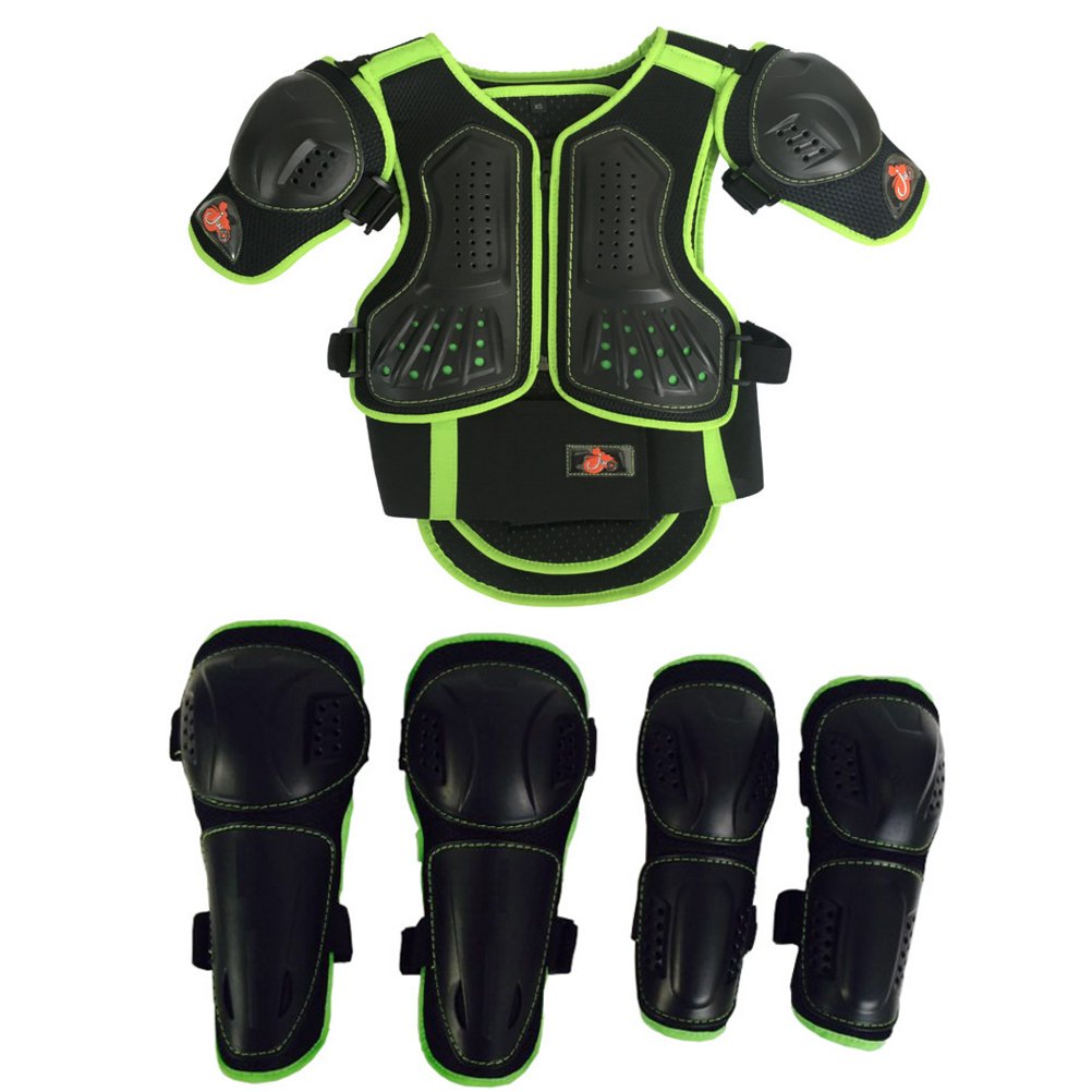 Takuey Kids Motorcycle Armor Suit Dirt Bike Chest Spine Protector Back Shoulder Arm Elbow Knee Protector Motocross Racing Skiing Skating Body Armor Vest Sports Safety Pads 3 Colors (Green, XS)