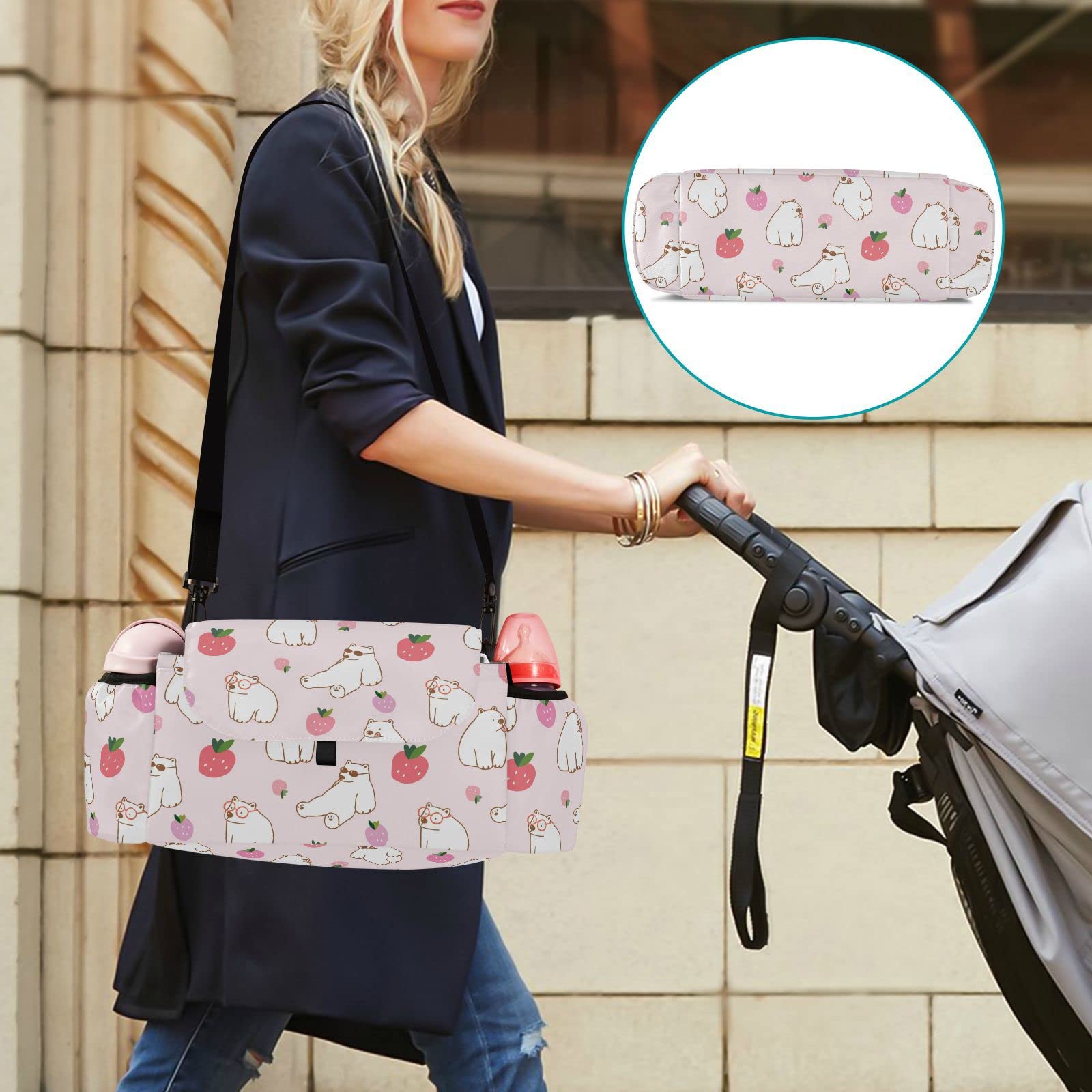 Kigai Cartoon White Bear Baby Stroller Organizer with Cup Holders, Secure Hooks Accessories Adjustable Strap Stroller Bag for Bottle, Diaper, Phone, Toys, Baby Items