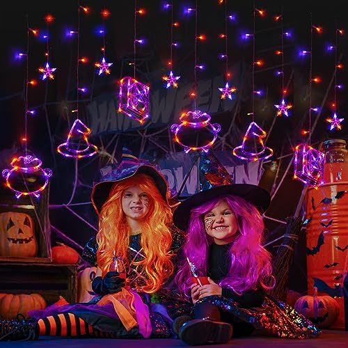 LOLStar Halloween String Lights, Halloween Window Decorations Orange Purple Spellbook, Witch Hat and Cauldron 183 LEDs Indoor Hanging Curtain Lights, Remote 8 Flashing Modes Timer Function