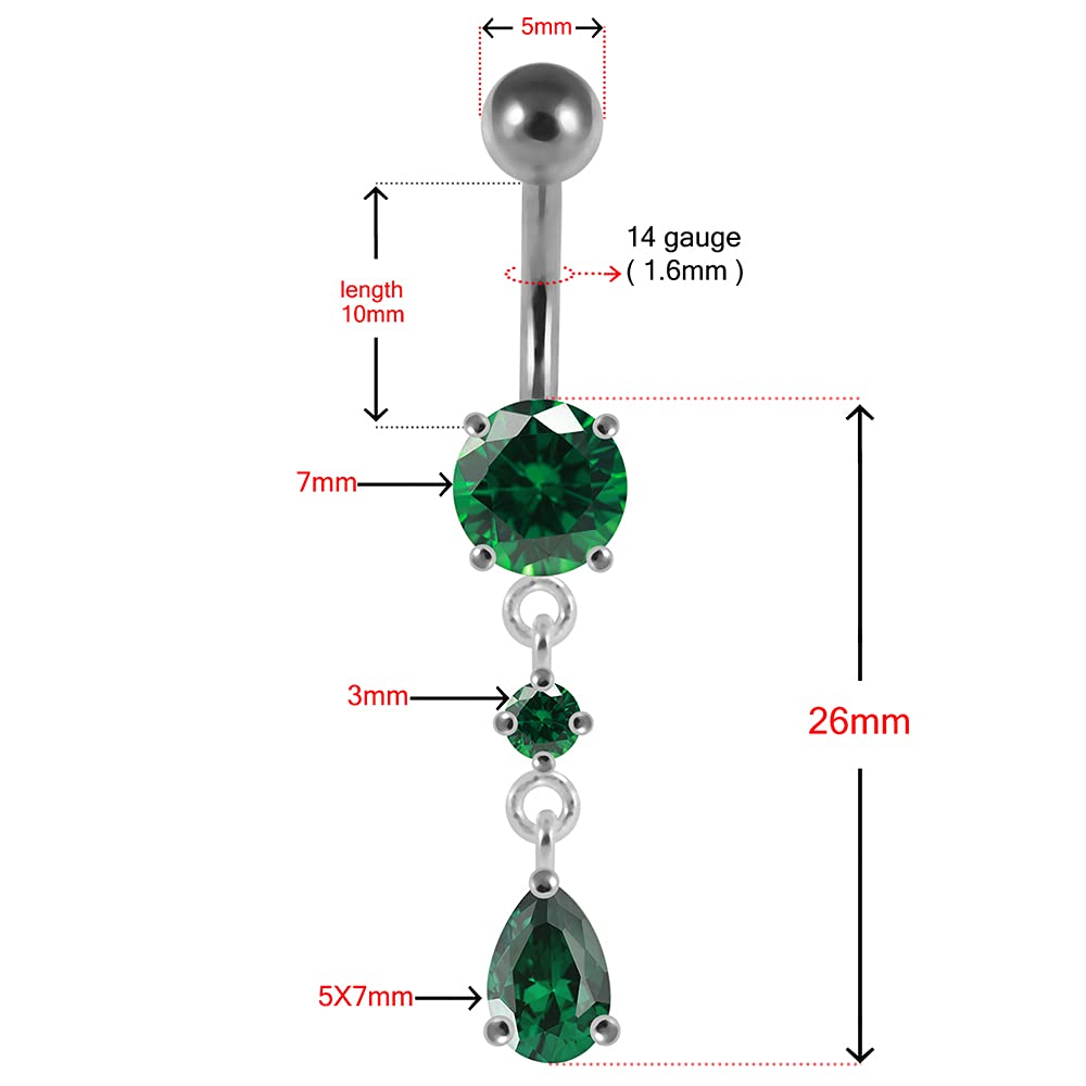 Clear Crystal Stone Round with Teardrop CZ Stone Dangling 925 Sterling Silver with Stainless Steel Belly Button Ring