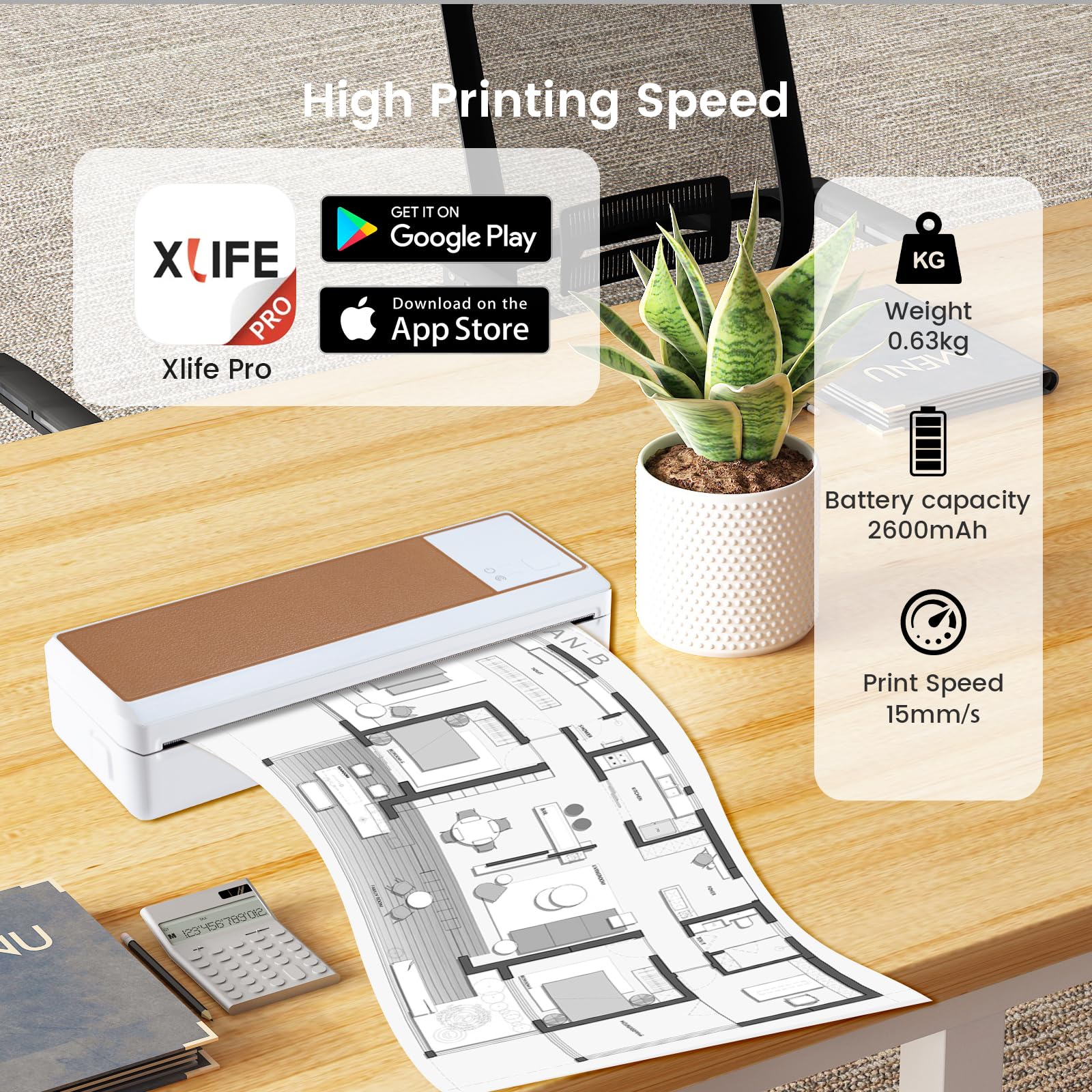 LFPERT A4 Portable Printer Wireless - Inkless Printer Compatible with iOS,Android,Mobile Phones and Laptops,Bluetooth Printer for Travel and Home Office(White Brown), WhiteBrown