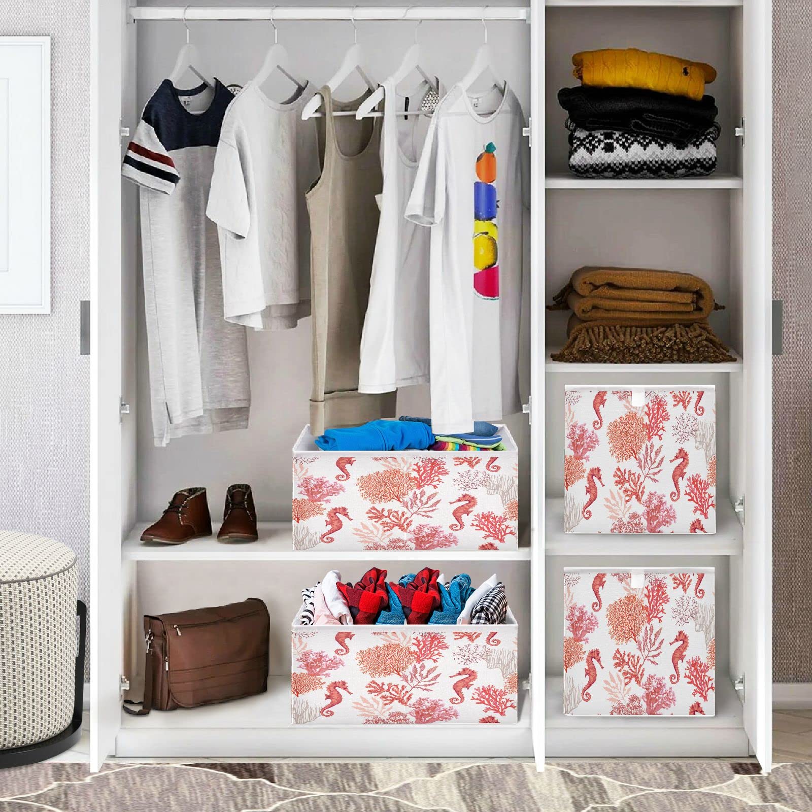 Kigai Coral Seahorse Storage Bins Rectangular Foldable Storage Baskets Bin Waterproof Home Organizer with Handles Basket for Toy Nursery Blanket Clothes, 15.8x10.6x7 Inch