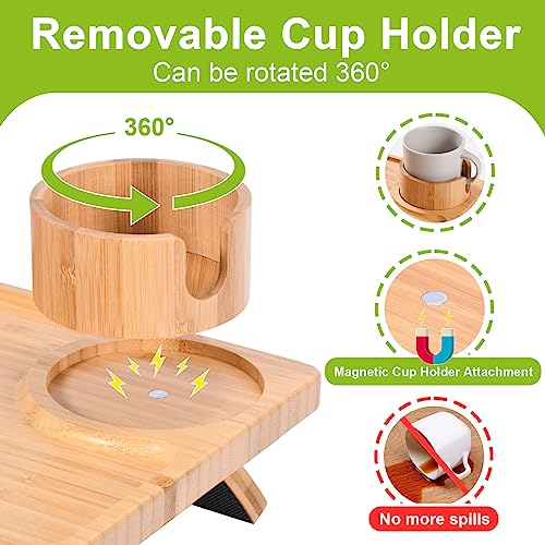 Lorbro Couch Arm Table, Couch Arm Tray with 360° Rotating Cup Holder, Bamboo Sofa Arm Tray for Couch, Foldable Sofa Armrest Tray, Clip on Side Table for Eating, Snacks, Remote, Drinks, No Installation