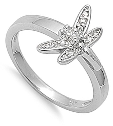 Clear CZ Polished Dragonfly Butterfly Ring .925 Sterling Silver Band Size 6