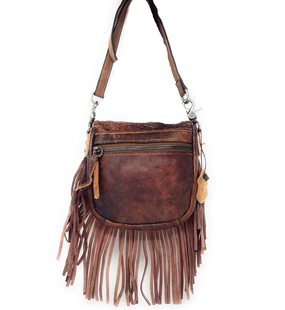 Western Genuine Leather Floral Tooled Fringe Womens Crossbody Bag 3 Color (Laser Cut Brown)