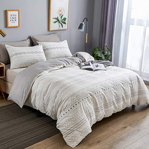 WARMDERN Grey Stripe Boho Duvet Cover Set King, 3pcs Ultra Soft Breathable Aztec Cotton Comforter Cover with Zipper Ties, 1 Bohemian White Duvet Cover & 2 Pillowcase(King,Grey)