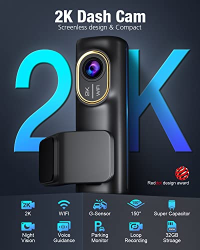 OMBAR Dash Cam 2K Built-in WiFi Car Camera, Dash Camera for Cars with Free 32G SD Card, Front Dashcam, Dash Camera Night Vision, Loop Recording, G-Sensor, 24 Hours Parking Monitor, APP, 150°Wide Angle
