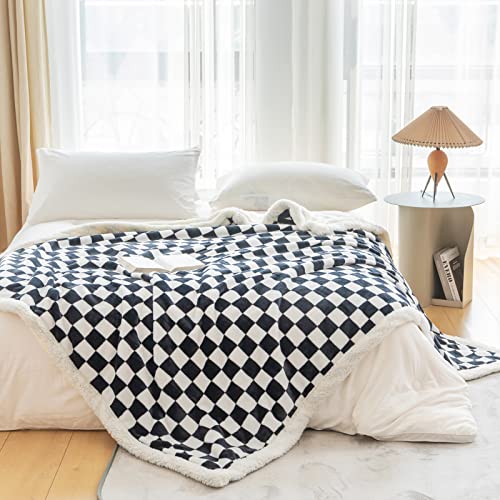 LOMAO Sherpa Throw Blanket Fleece Blanket with Checkered Pattern Soft Thick Blanket for Couch, Bed, Sofa Luxurious Warm and Cozy for All Seasons (Black, 51"x63")