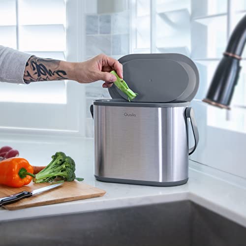 QUALIAZERO Multi-Purpose Countertop Compost Bin | 4L / 1 Gal Stainless Steel Slim Shape | Trash Can with Gray Lid | 1PC (4L / 1 Gal, Gray)