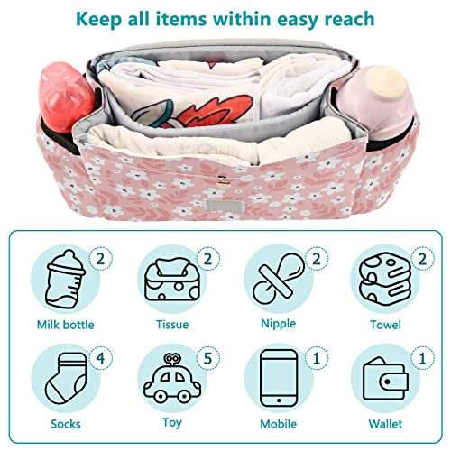 Kigai Flowers on Pink Baby Stroller Organizer with Cup Holders, Secure Hooks Accessories Adjustable Strap Stroller Bag for Bottle, Diaper, Phone, Toys, Baby Items