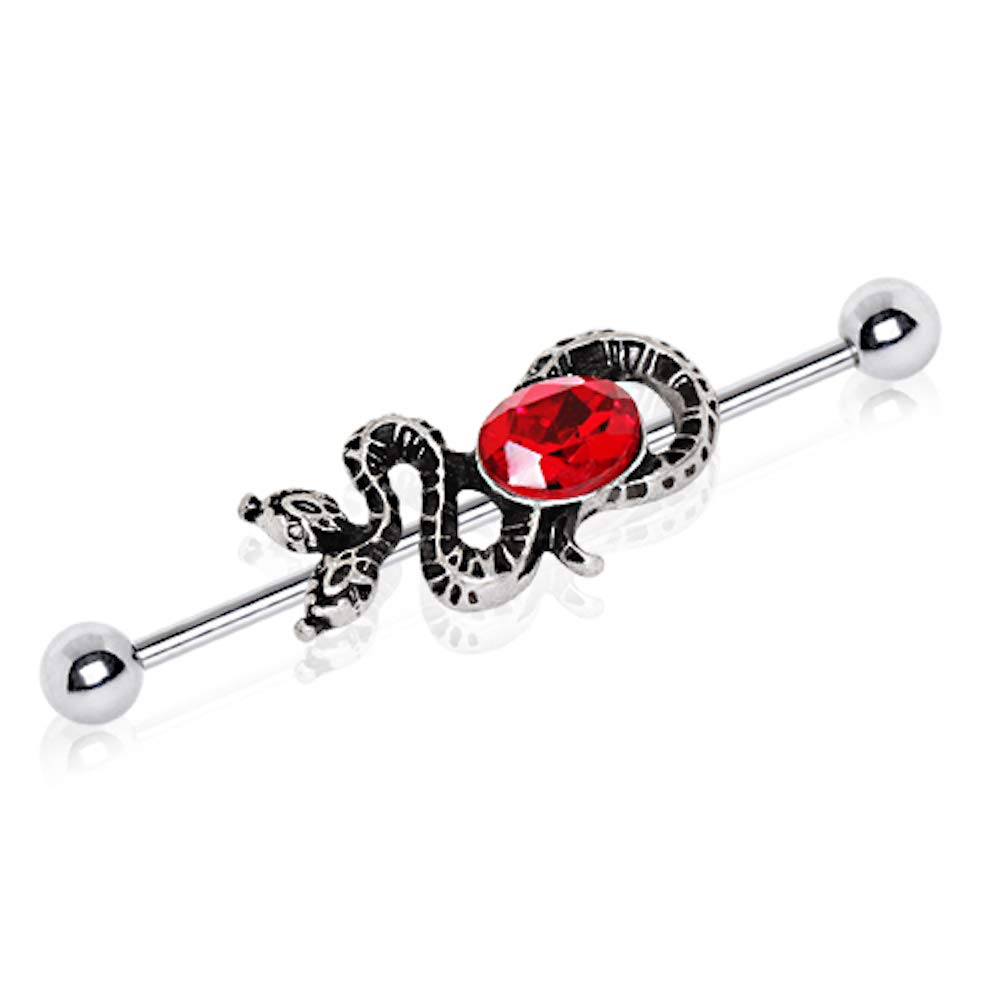 Covet Jewelry 316L Stainless Steel Two-Headed Snake with Ruby Red CZ Industrial Barbell