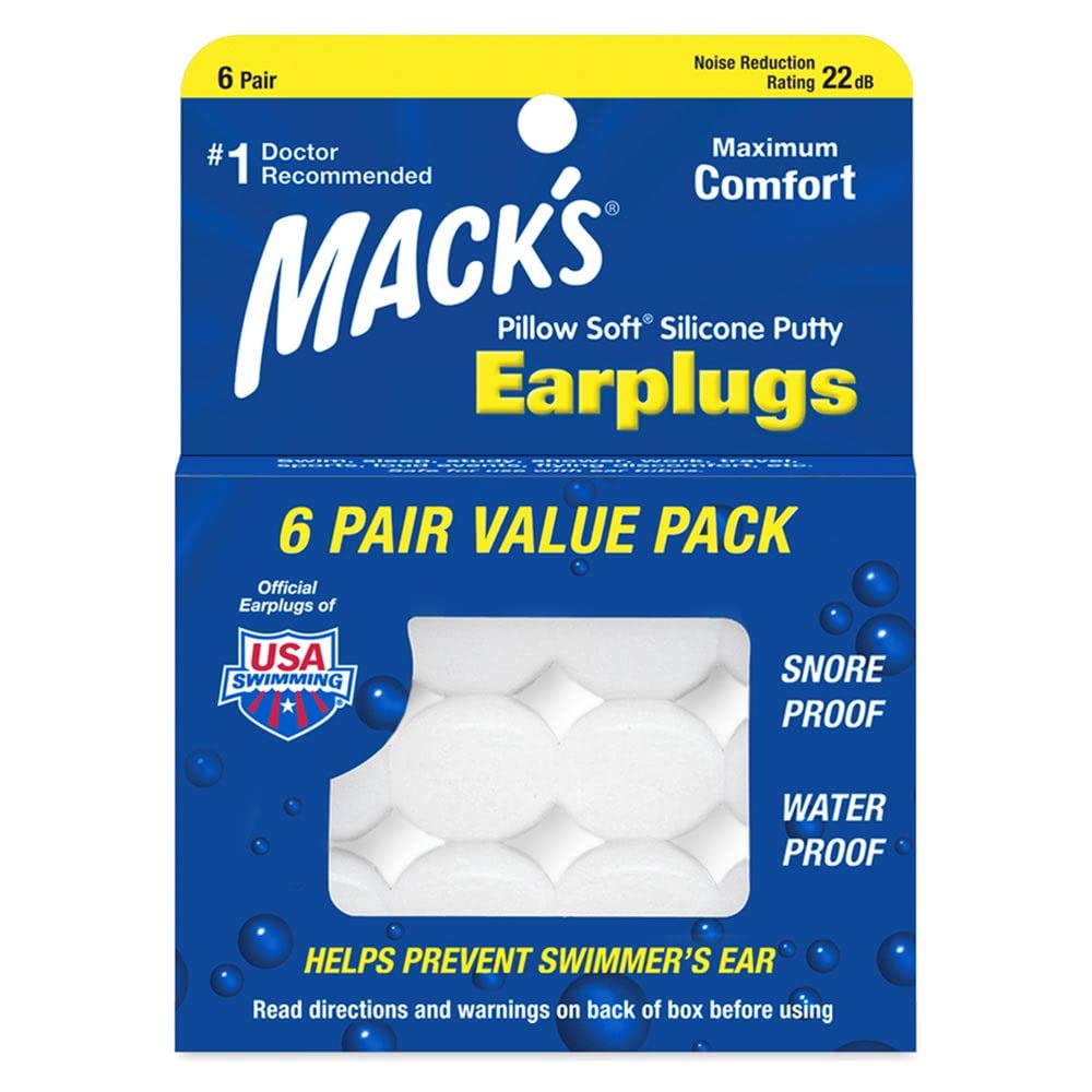 Mack's Pillow Soft Silicone Earplugs - 6 Pair, Value Pack β The Original Moldable Silicone Putty Ear Plugs for Sleeping, Snoring, Swimming, Travel, Concerts and Studying | Made in USA