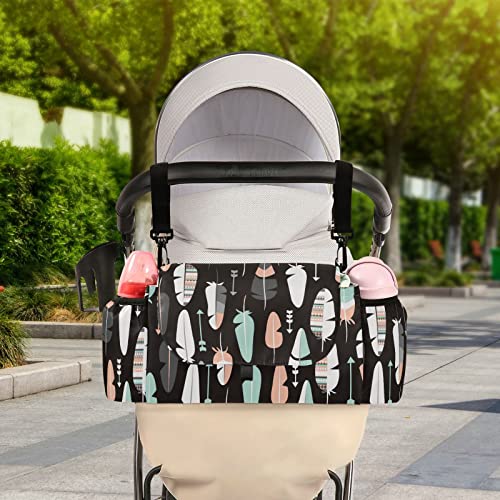Kigai Indian Mint Aztec Feathers Baby Stroller Organizer with Cup Holders, Secure Hooks Accessories Adjustable Strap Stroller Bag for Bottle, Diaper, Phone, Toys, Baby Items