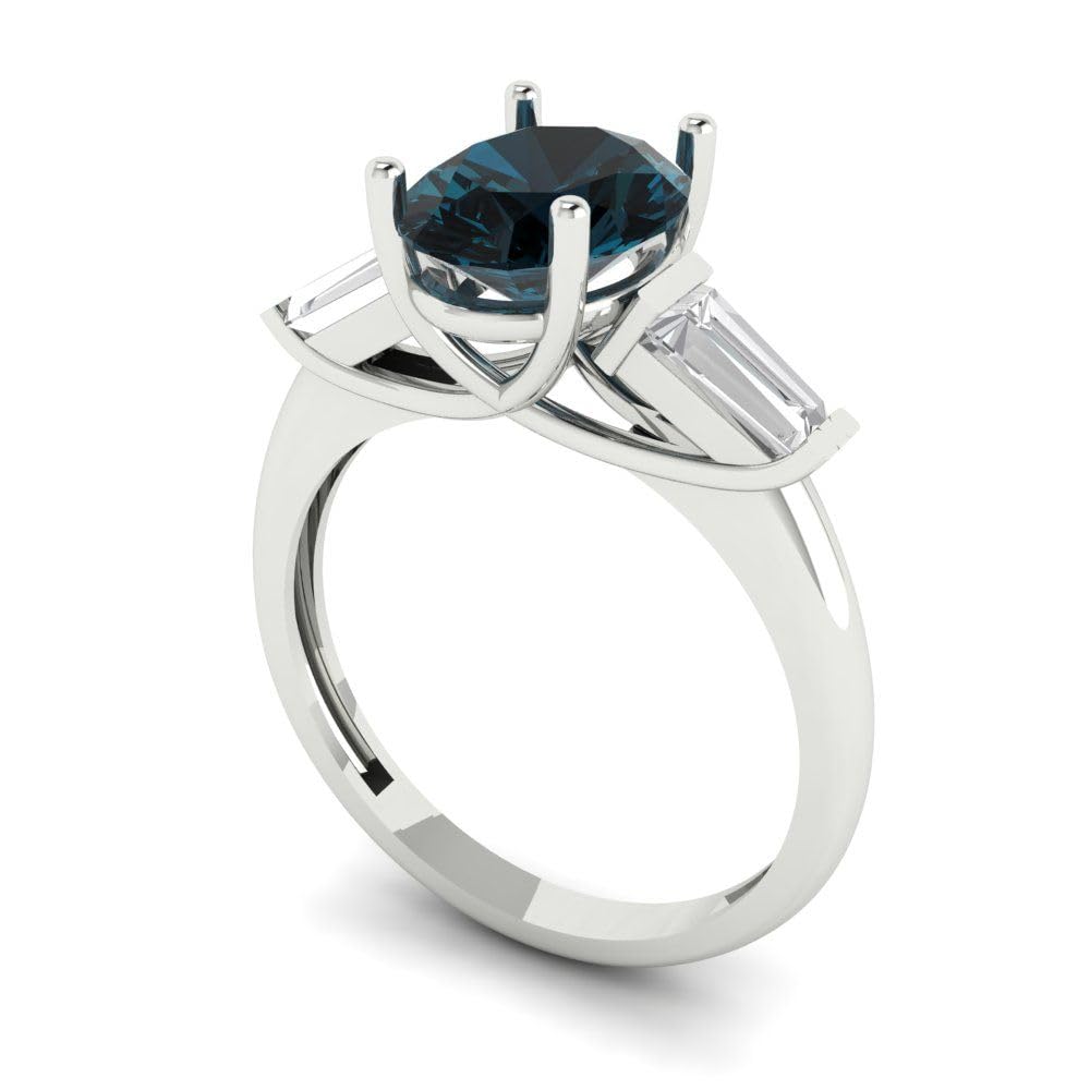 Clara Pucci 2.47ct Oval Baguette cut 3 stone Solitaire Natural London Blue Topaz gemstone designer Modern Statement Ring 14k White Gold