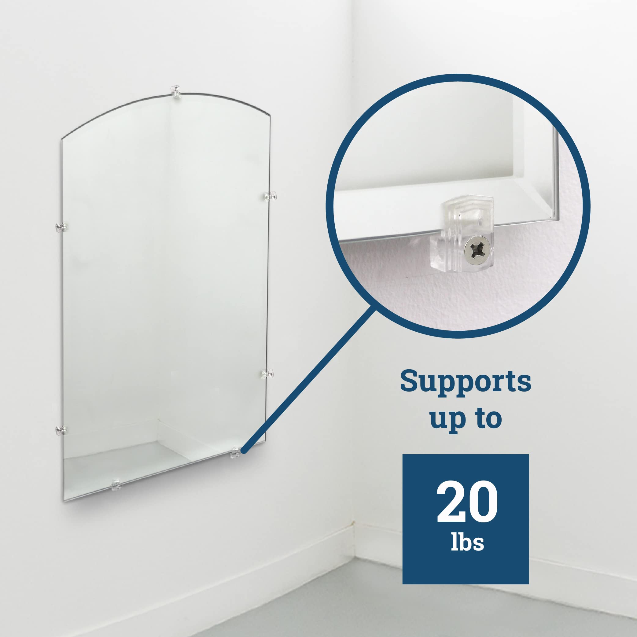 Clear Mirror Clips for Frameless Mirrors - Holds 1/4" Thick Glass - Pack of 20 Includes Anchors and Screws Kit