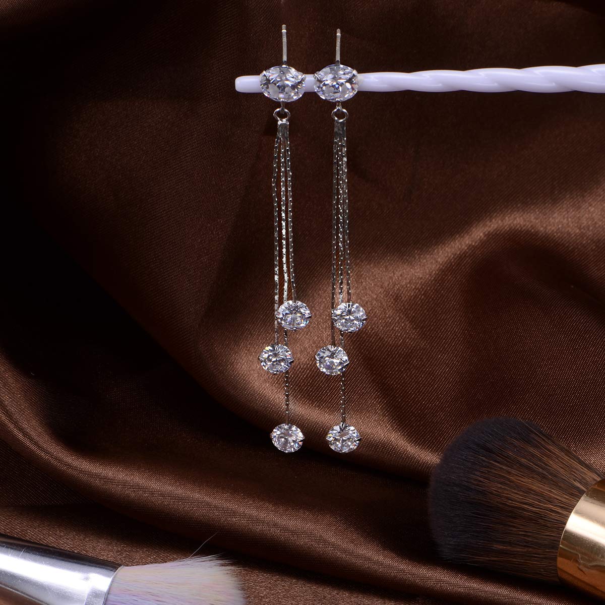 CZ Linear Earrings for Women Super Long Shoulder Earrings Sterling Silver Thread Earrings Crystal Cubic Zirconia Rhinestone Tassel Drops Bridal Chain Earring for Wedding Bride Bridesmaids Party