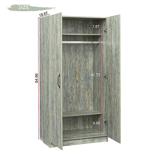 RIDFY 65" Bedroom Armoires,High Wardrobe with Clothing Rod,Large Storage Wardrobe Cabinet with 2 Doors,Kitchen Cabinet for Office, Home,Grey(65" H x 31.5" W x 20" D)