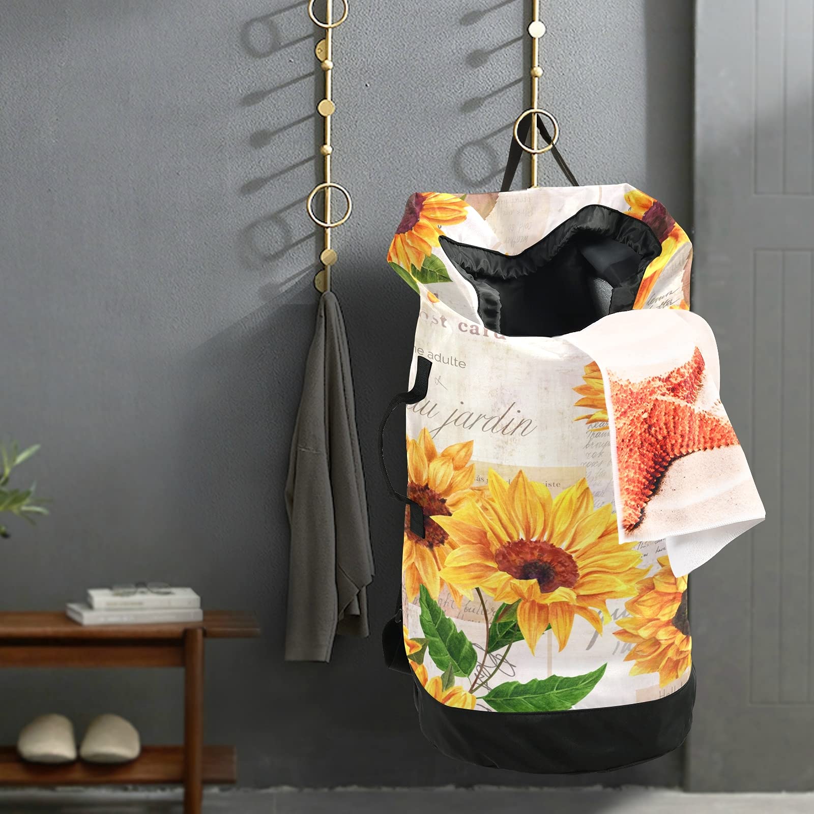 Sunflowers Laundry Bag Backpack with Shoulder Straps Daisy Dirty Clothes Organizer Extra Large Heavy Duty for Camp College Dorm Room Essentials for Girls