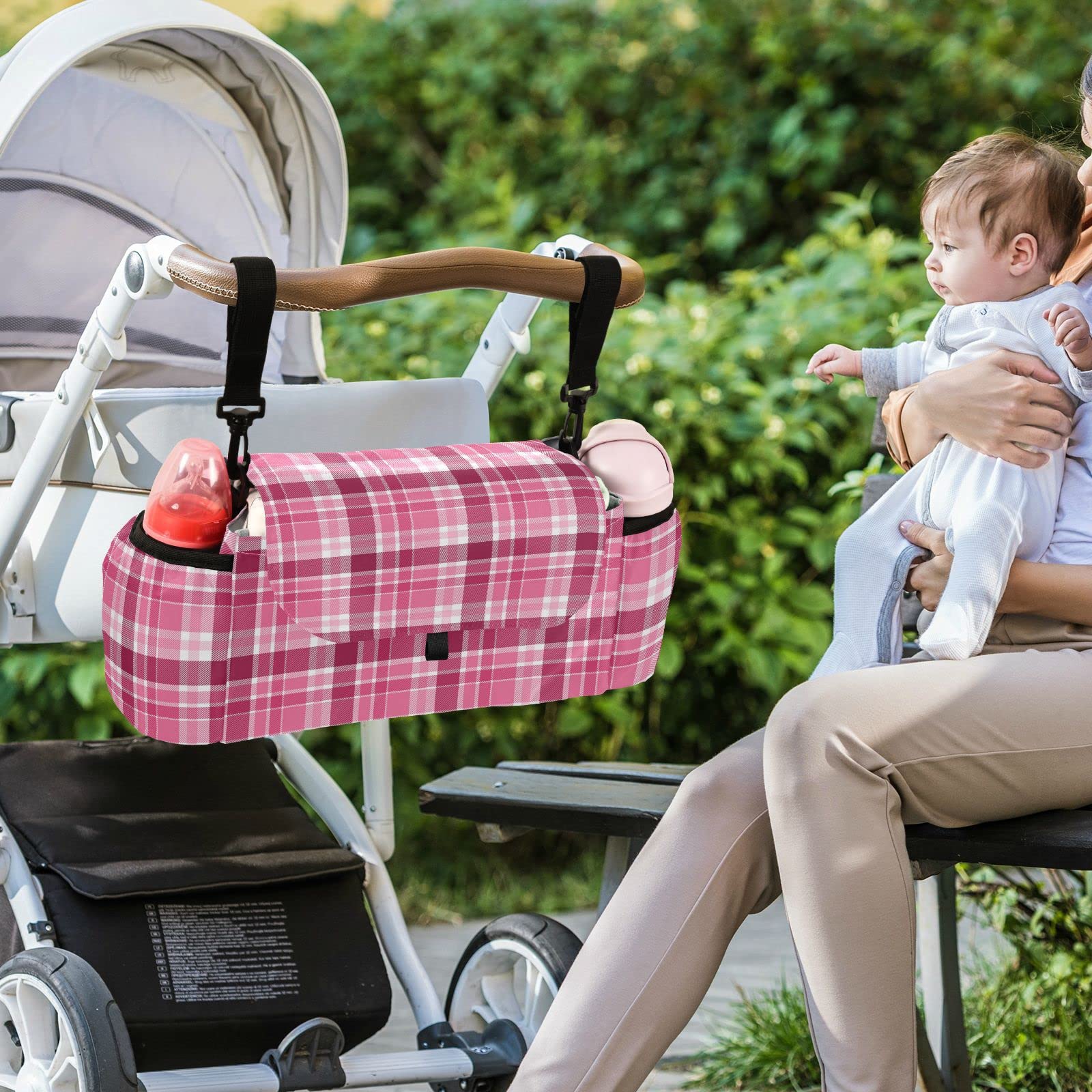 Kigai Pink Buffalo Plaid Baby Stroller Organizer with Cup Holders, Secure Hooks Accessories Adjustable Strap Stroller Bag for Bottle, Diaper, Phone, Toys, Baby Items