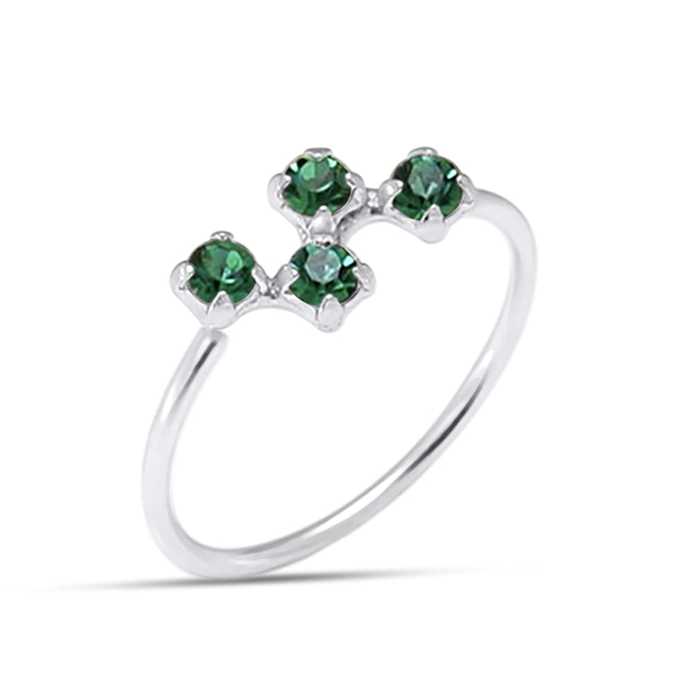 Claw Set 4 Round Dark Green Stones 20 Gauge 925 Sterling Silver Open Hoop Nose Piercing Ring