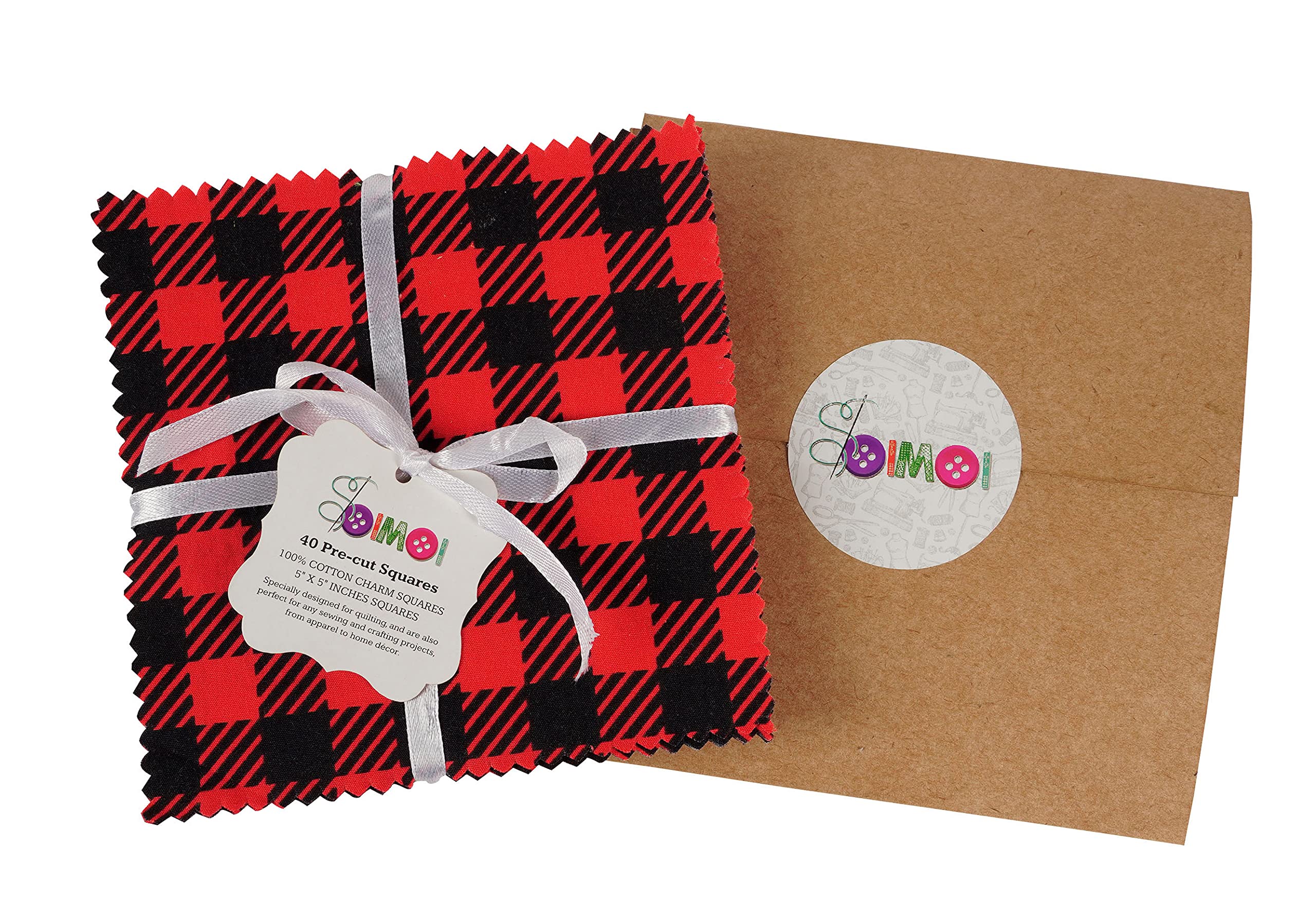 Soimoi Check Print Precut 5-inch Cotton Fabric Quilting Squares Charm Pack DIY Patchwork Sewing Craft- Red