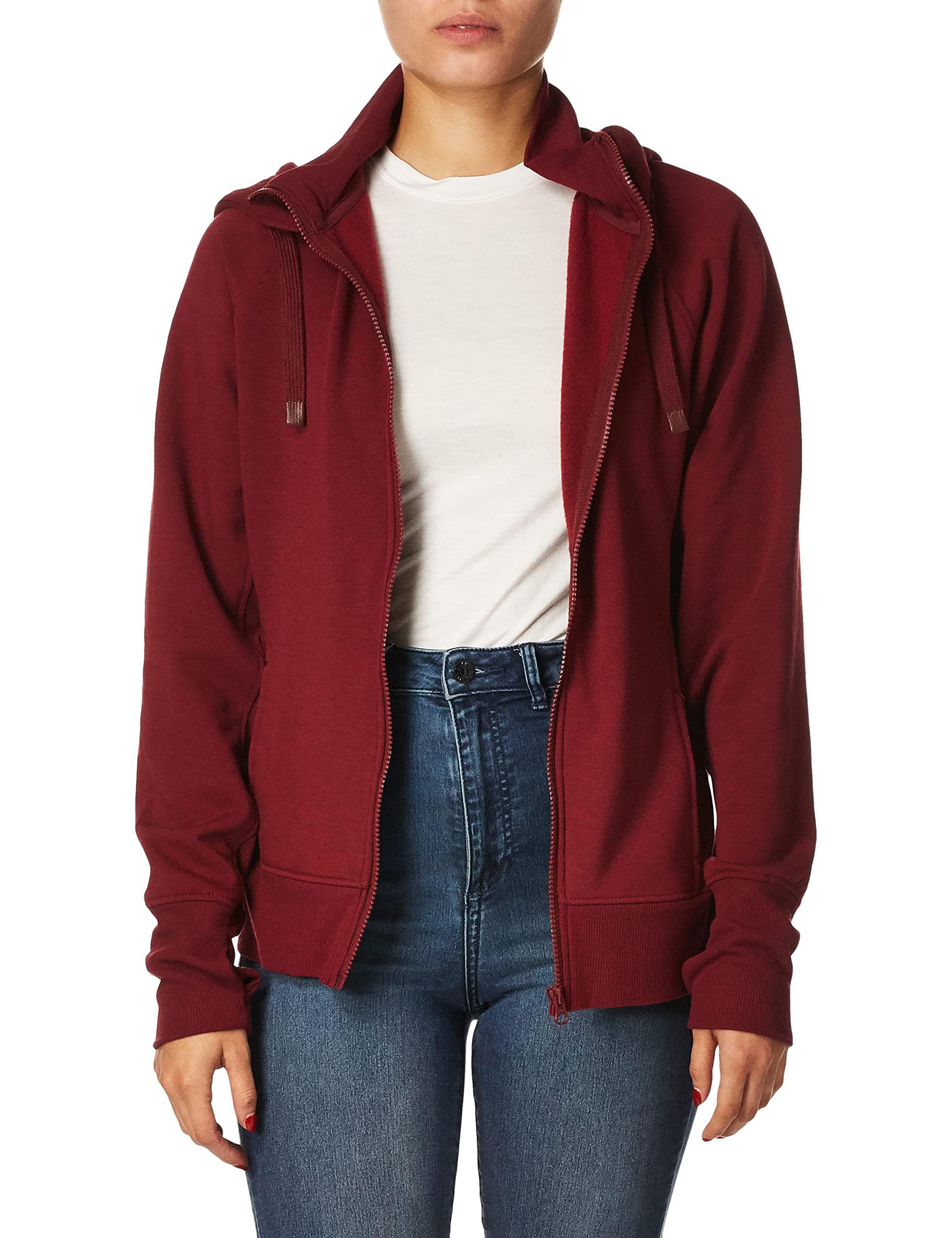 Danskin Women's Double Collar Full Zip Hooded Jacket, Burgundy, X-Large