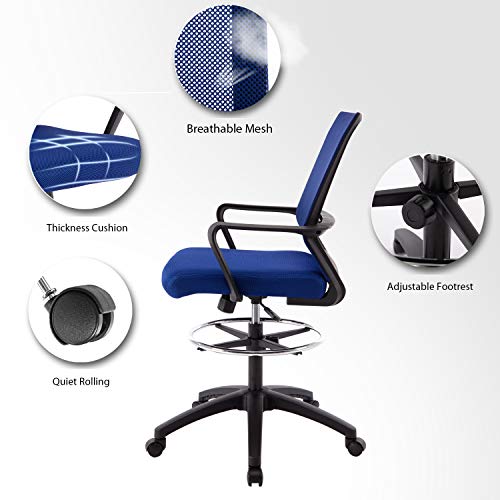 Ergonomic Mesh Office Drafting Chair - Adjustable Height with arms, Tall Office Computer Reception Desk Chair (Blue)