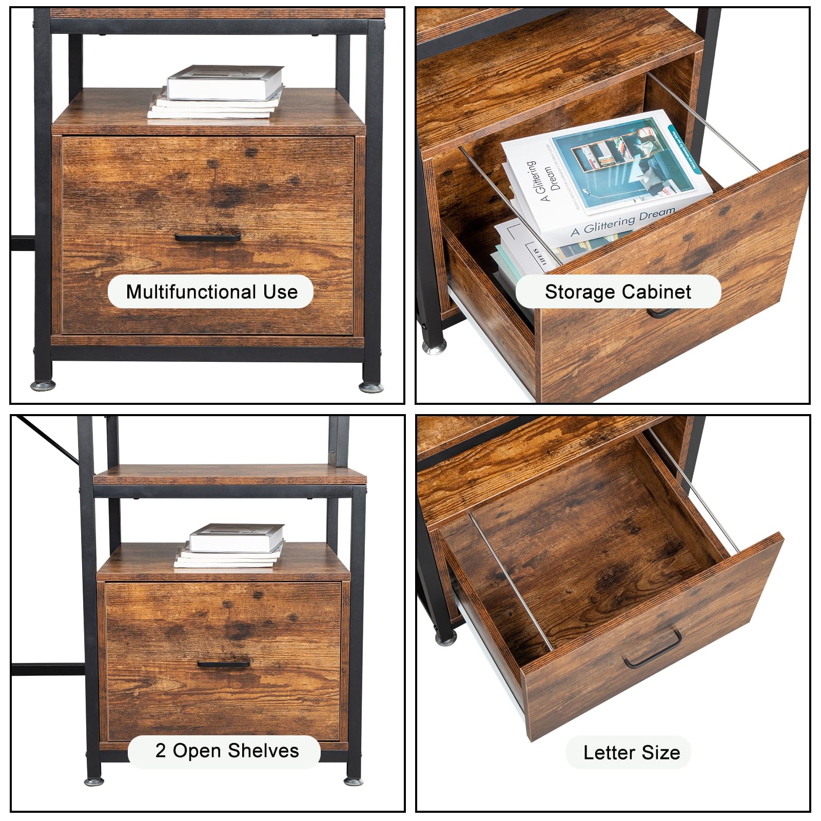 DESIGNSCAPE3D Spacious Retro Wood Grain L-Shaped Computer Desk with File Drawer Cabinet and Wireless Charging