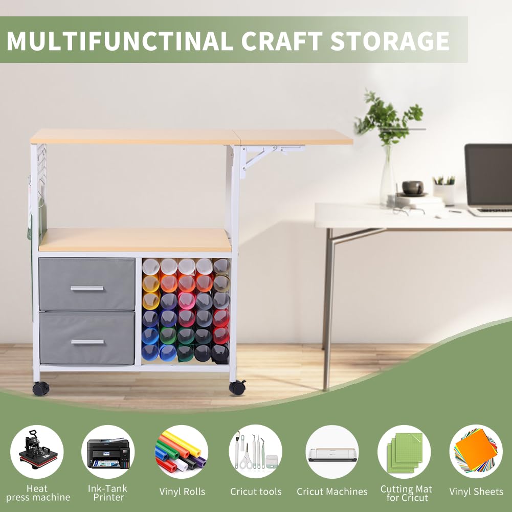 Organization and Storage Cart Compatible with Cricut Machines,Rolling Craft Storage Removable Vinyl Holders and Drawer, Crafting Desk with Storage for Craft Room