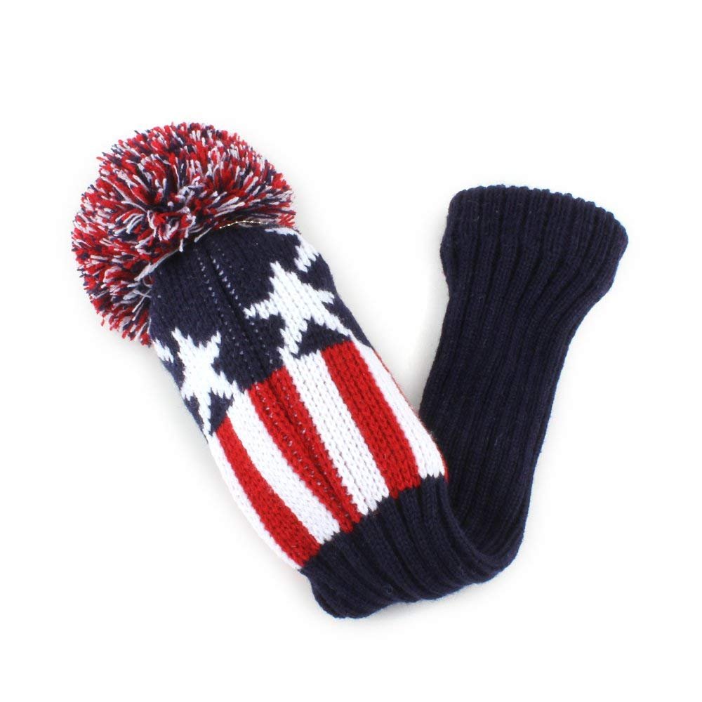 COOLSKY Golf USA Star Stripes Knit 3pcs Headcover Set Vintange Pom Pom Sock Covers 1-3-5