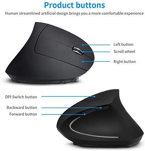 Ergonomic Mouse, Vertical Wireless Mouse - Rechargeable 2.4G Wireless Vertical Ergonomic Optical Mouse 3 Adjustable DPI 800/1200/1600 Levels 6 Buttons, for Laptop, Desktop, PC, MacBook (Black)