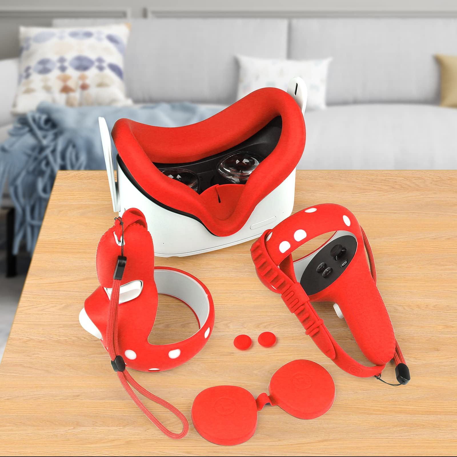 Colohas Oculus Quest 2 Accessories VR Cover - Touch Controller Grip Cover Handle Sleeve with Adjustable Knuckle Strap - Silicone Face Cover - Protective Lens Cover for Oculus Quest 2 Headset - Red