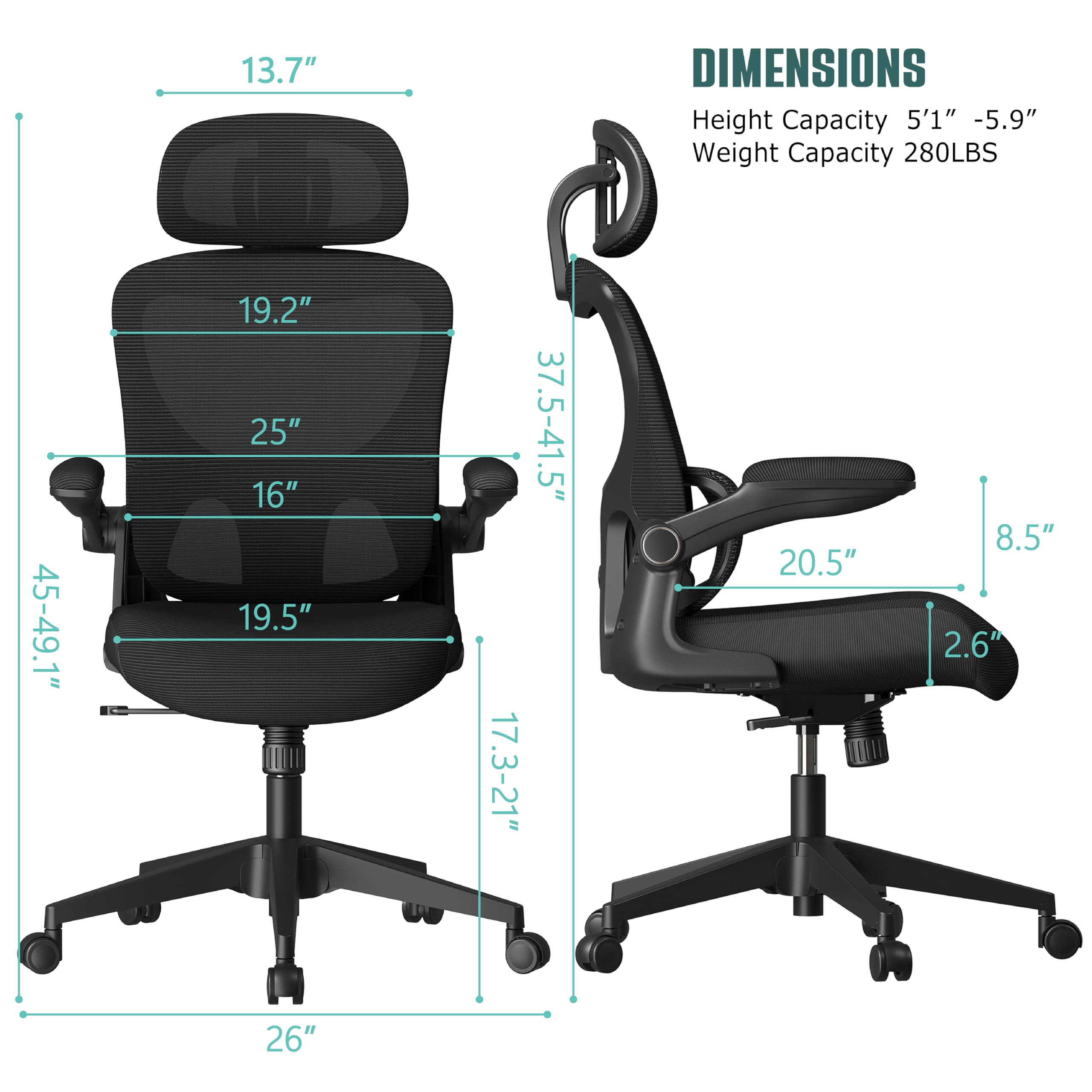 Ergonomic Office Desk Chair, High Back Mesh Chair with Flip-Up Arm, Headrest, Swivel Rolling Wheel, Adjustable Lumbar Support, Big and Tall Comfy Computer Gaming Task Chairs for Adults