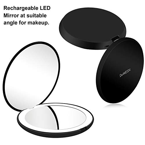 deweisn Folding Compact Rechargeable Lighted Makeup Mirror for Travel, Purse and Handbags1X and 10X Magnifying Handheld Makeup Mirror Diameter 5”x Thick 0.33" Double Side Mirror