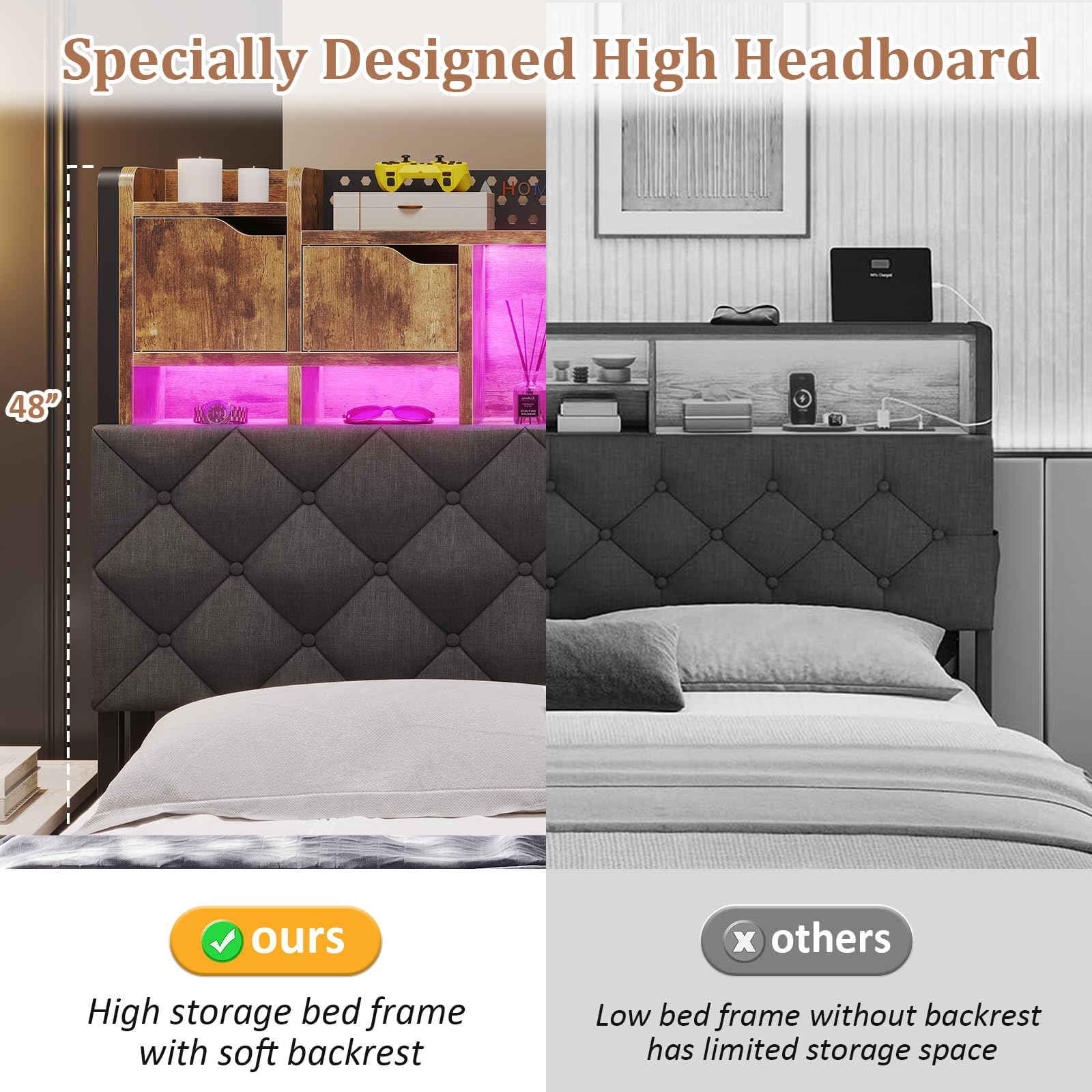 King Bed Frame with Headboard Storage, Bookcase Bed Frame with Charging Station and LED lights, High Bed Frame King Size with Hidden Storage, Noise-Free, Metal Support, No Box Spring Needed, Gray