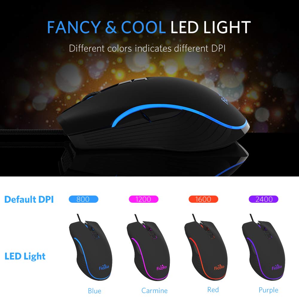 Fiodio Wired Gaming Mouse, 4 RGB LED Backlight Modes Computer Gaming Mice, Comfortable Ergonomic Optical PC Laptop Gamer Mouse for Windows 7/8.1/10
